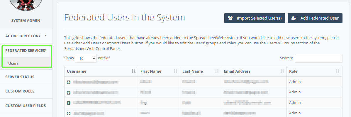 Federation Services - SpreadsheetWeb Help